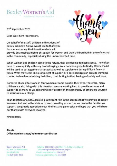 Thank you letter from Bexley Women's Aid - West Kent Masons