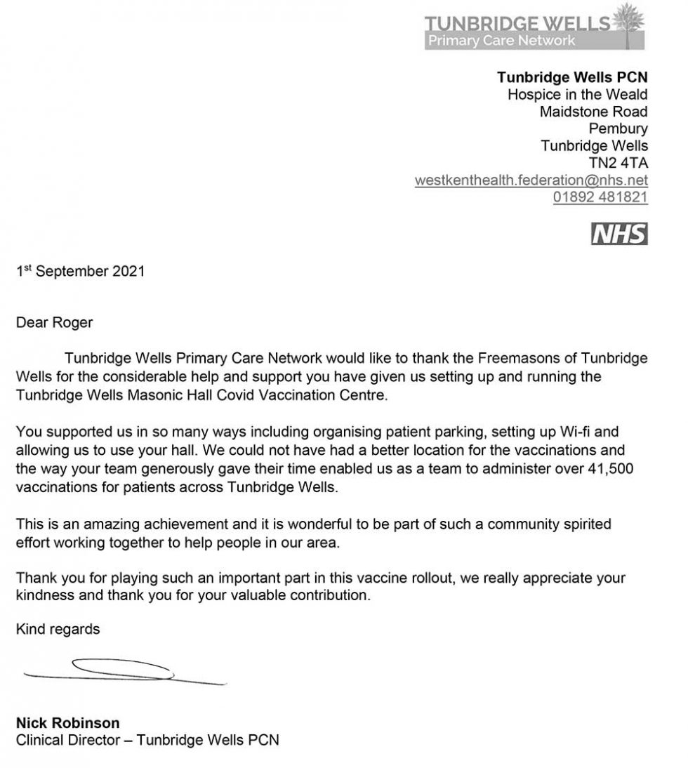 Letter of Thanks for Tunbridge Wells Masonic Centre - West Kent Masons